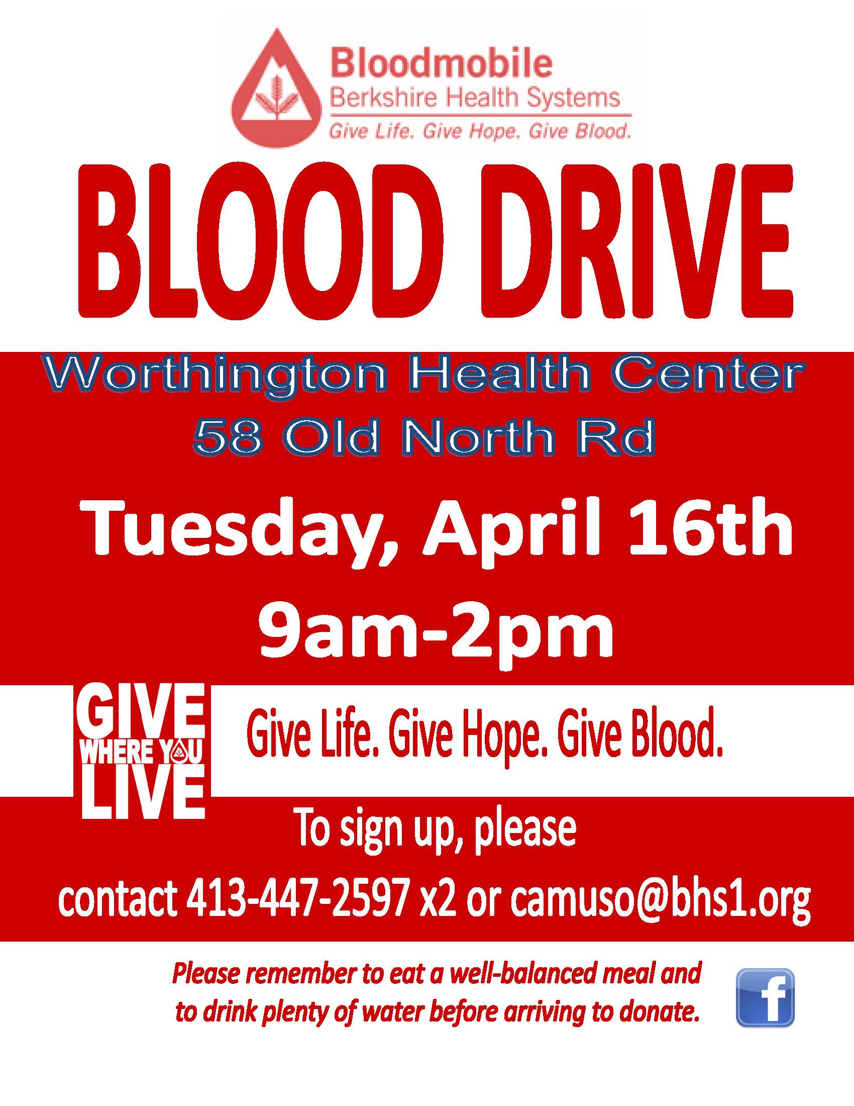 Blood Drive, April 16th at Worthington Health Center - Hilltown ...